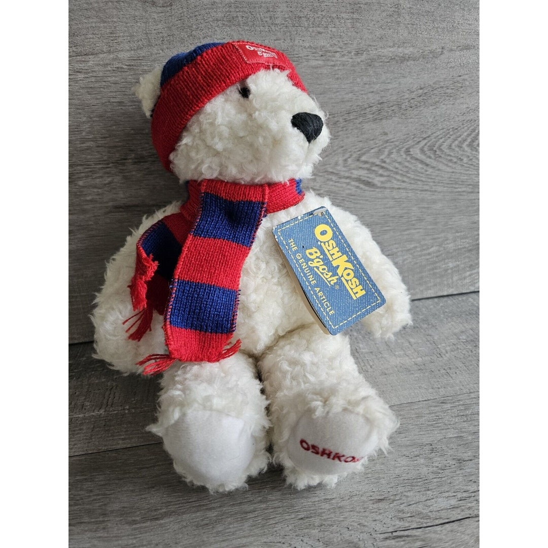 Oshkosh Baby Plush Polar Bear White Teddy Blue Red Scarf Hat Stuffed ...