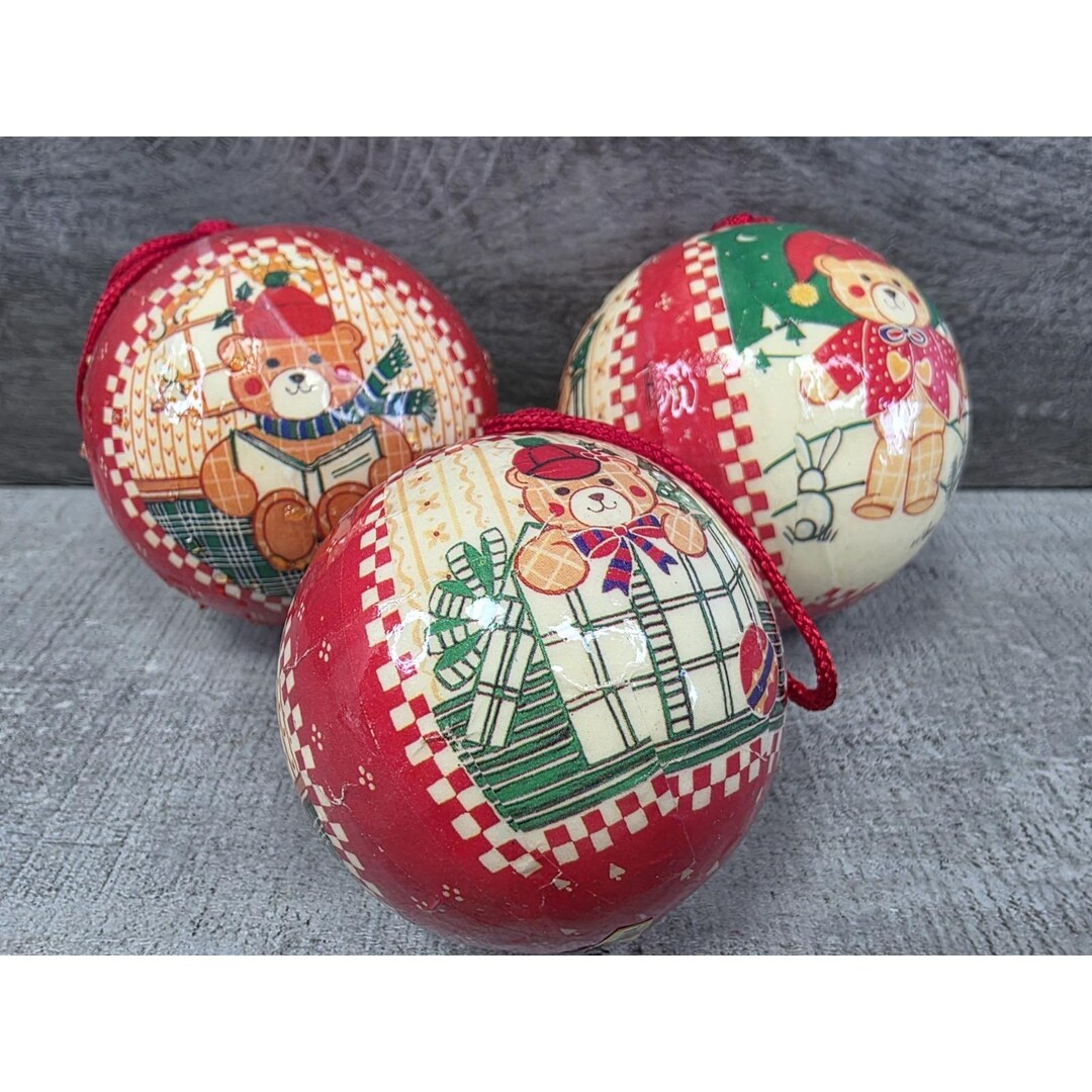 Vtg Decoupaged Teddy Bear Paper Mache Round Christmas Tree Ornaments ...