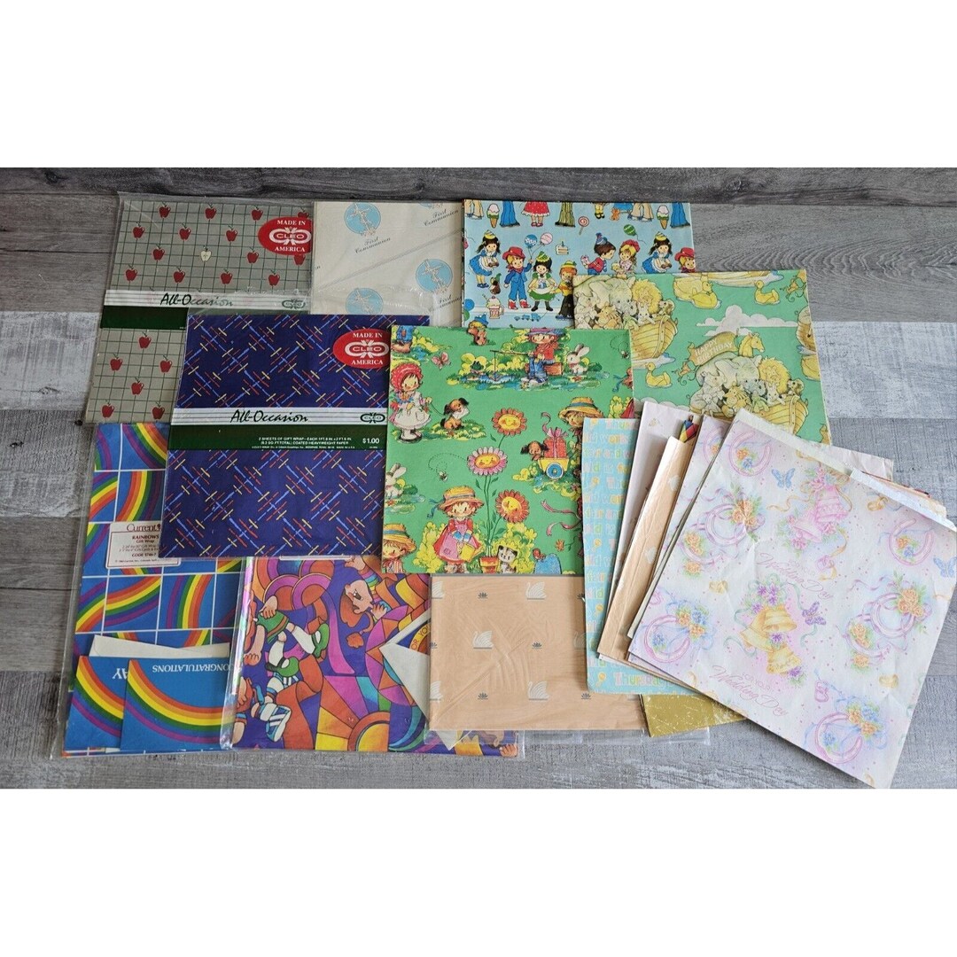Lot Nine 9 Vintage 80s Wrapping Paper Gift Wrap Children's Strawberry ...