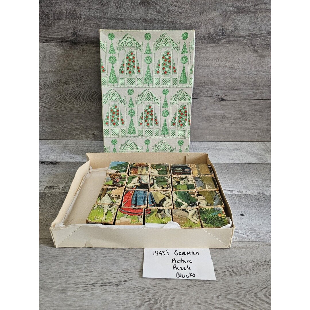 Antique German 1940s Multi-sided Block Wood Puzzle Box Set WW2 Era Toy ...
