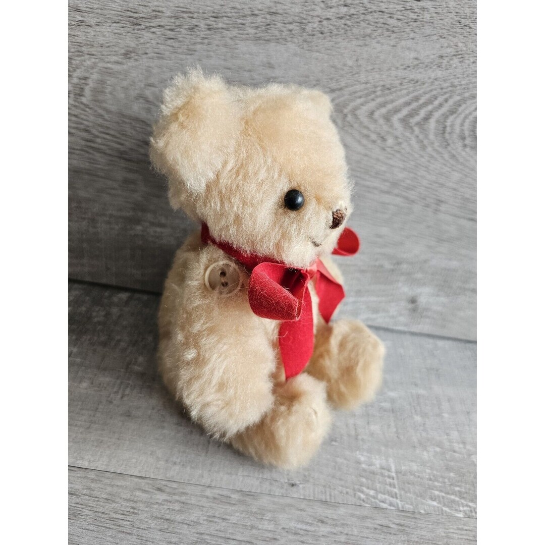 Vintage Jointed Buttons MOHAIR Plush Teddy Bear Tan Red Knit Bow ...