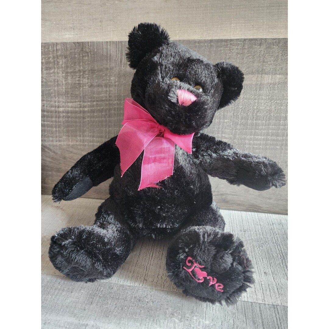 Valentine Teddy Bear Plush Black 12 Pink Heart Nose Stuffed Animal Toy ...