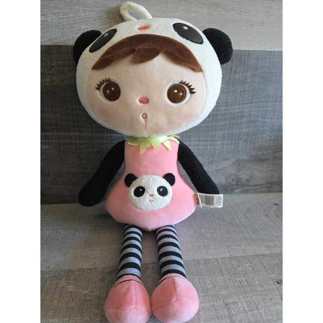 Metoo Panda Girl Angela 18" Plush Doll Pink Shoes Black Gray Stripe ...