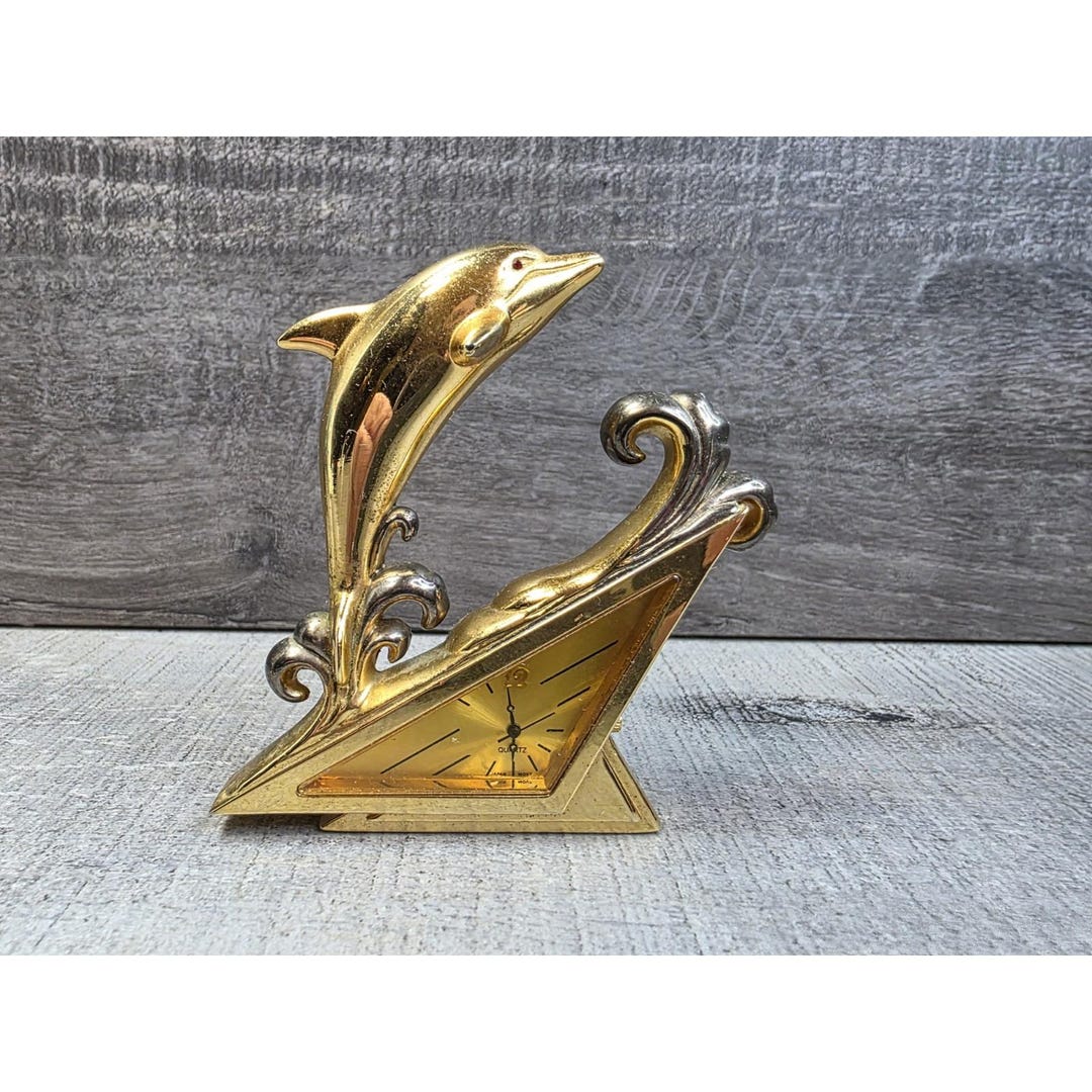 Vtg COLLEZIO Quartz Brass Desk Clock Dolphin Decor 3.5" Untested B224c ...