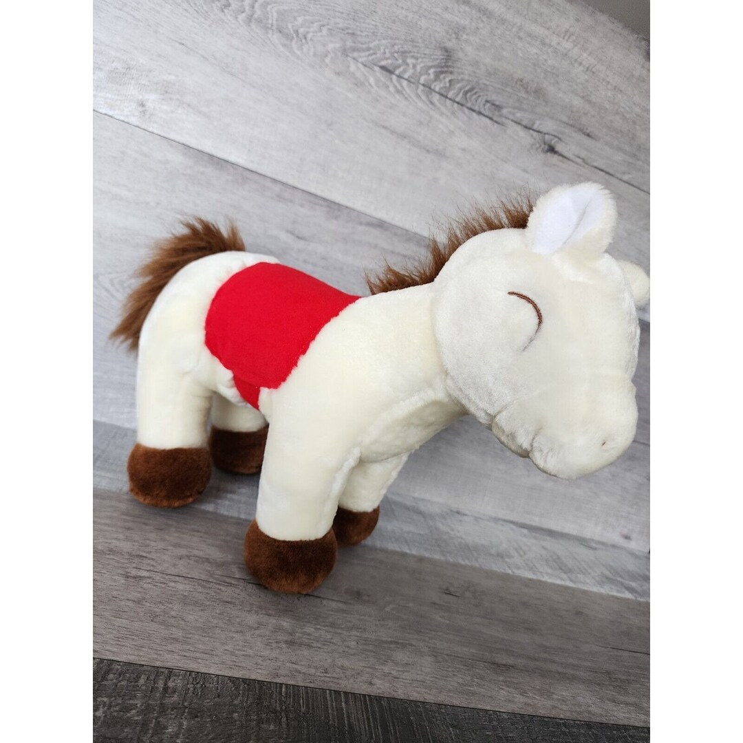 White Horse Plush Vintage Brown Mane Toy Stuffed Animal Red Sewn-on ...