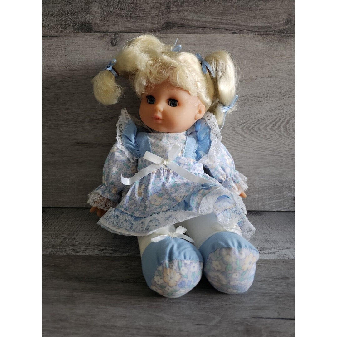 Vintage Simba Toys Doll in Dress Blonde Hair Sleep Eyes Blue Floral ...