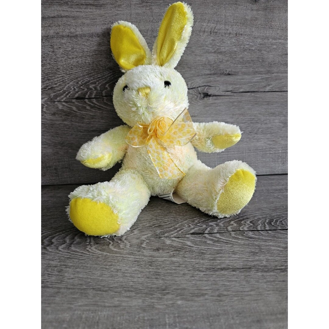 Vtg Bunny Pastel Yellow Easter Rabbit Posable Ears Stuffed Plush Sits 9 ...