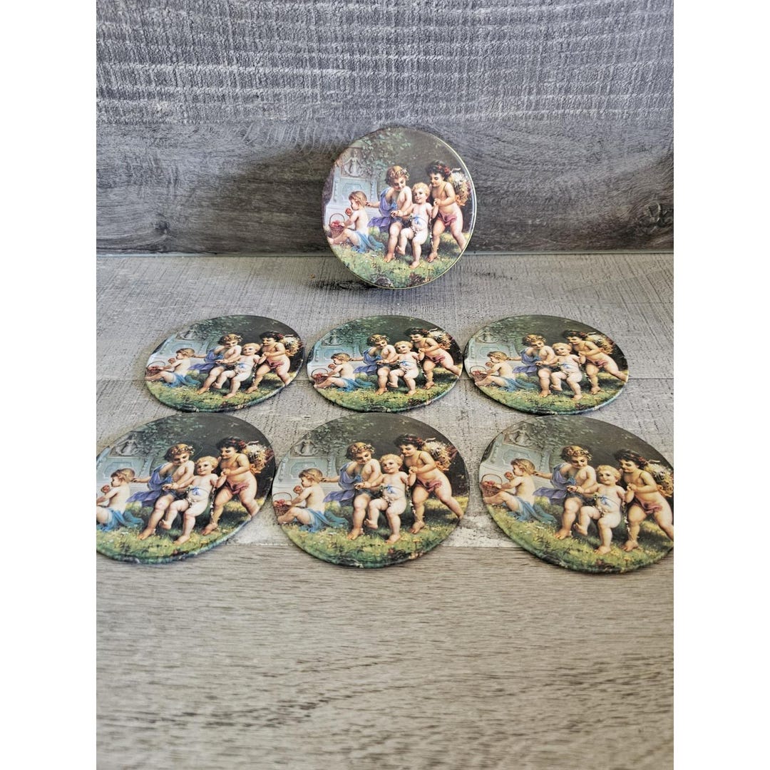 Cherub Angels Litho Tin Can Container Red Banded Metal Side & 6 ...