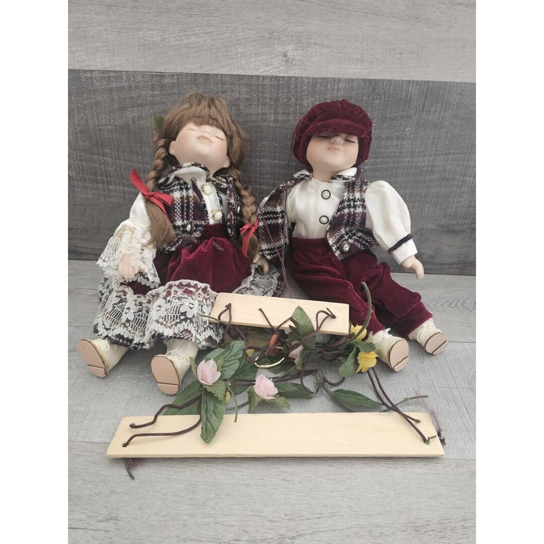 Vtg Cathay Collection Porcelain Dolls Boy and Girl on Swing W Flowers ...