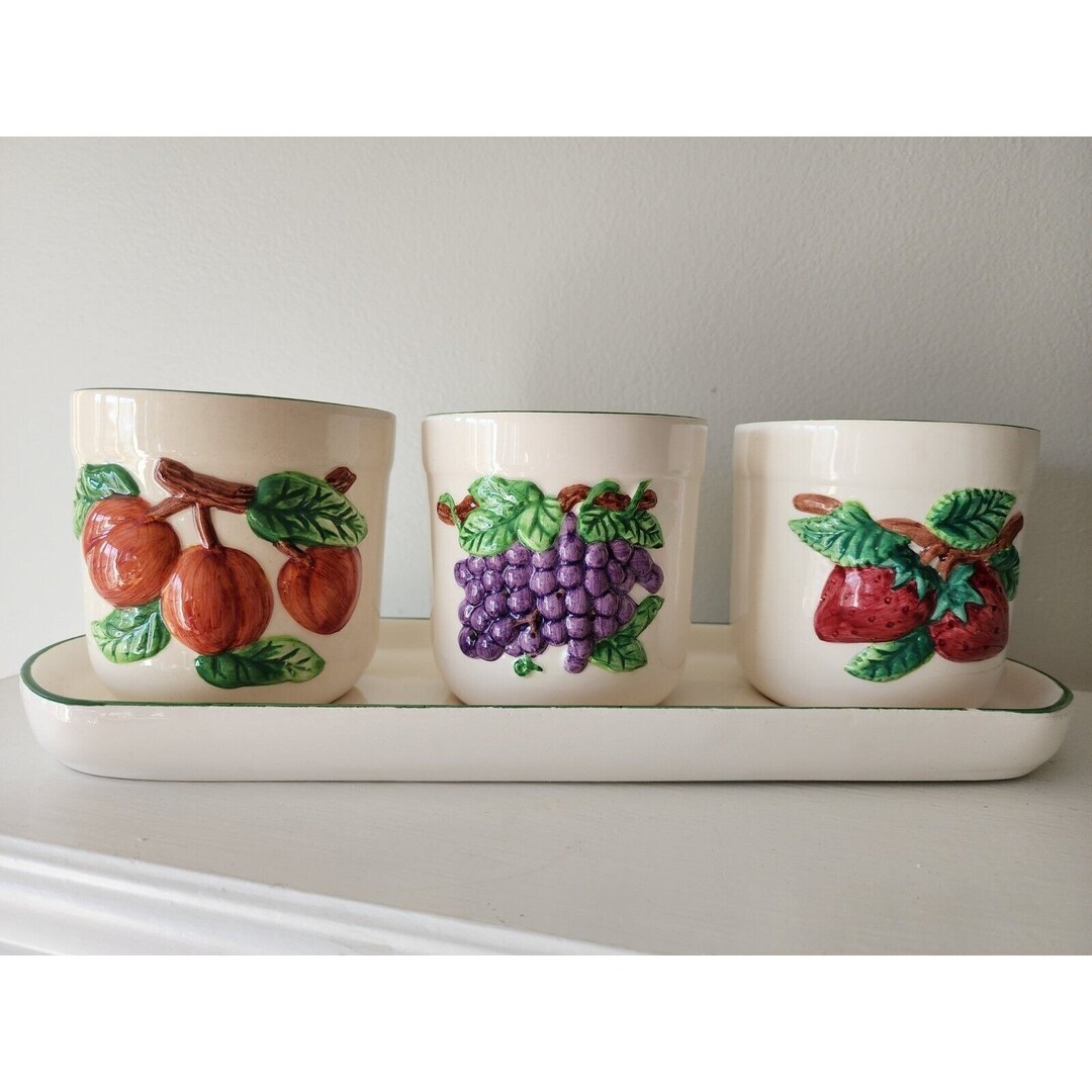 Set of 3 Ceramic Herb Windowsill Planters Pots and Tray With Country ...