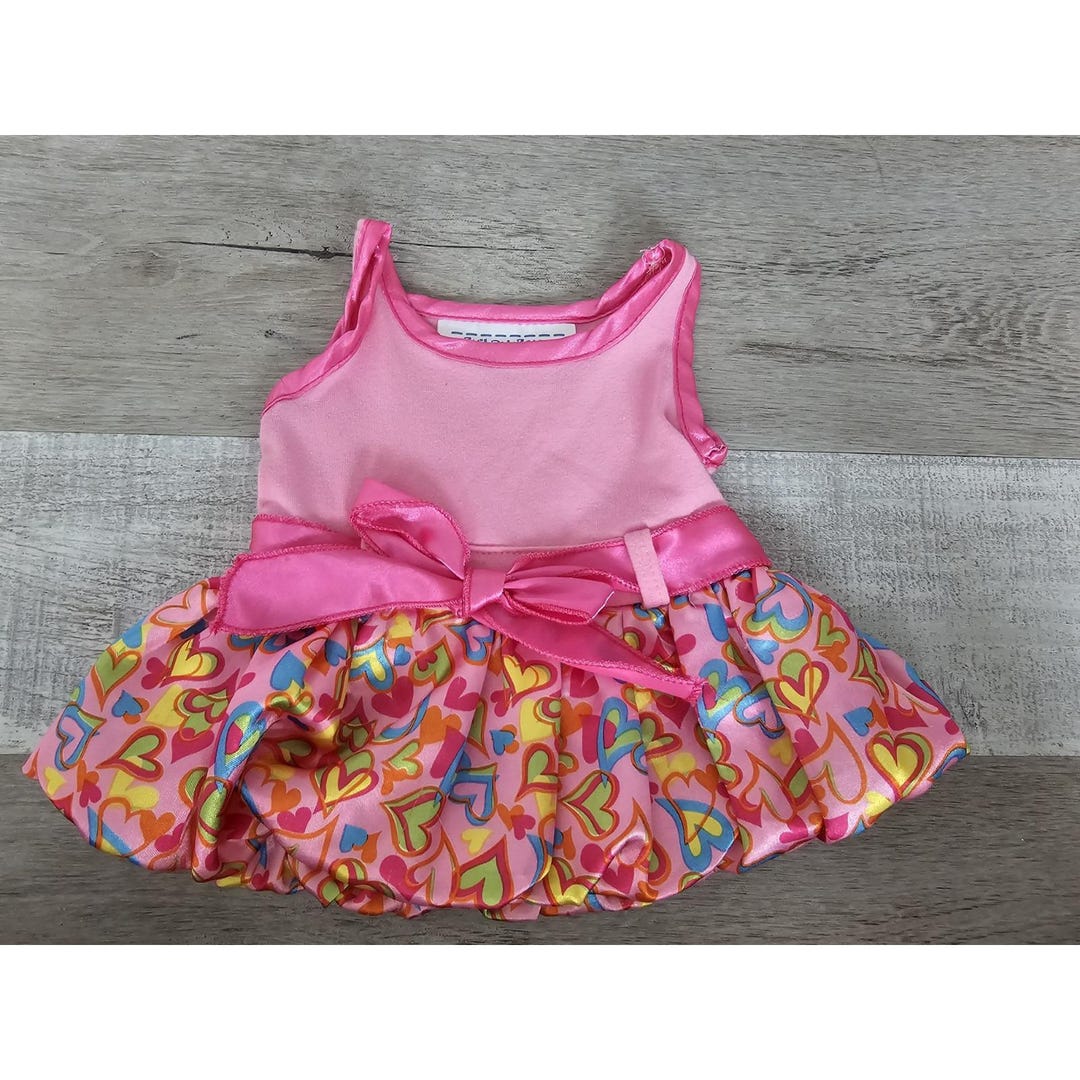 Build A Bear Dress Pink Satin Poofy Skirt Colorful Hearts Valentines ...