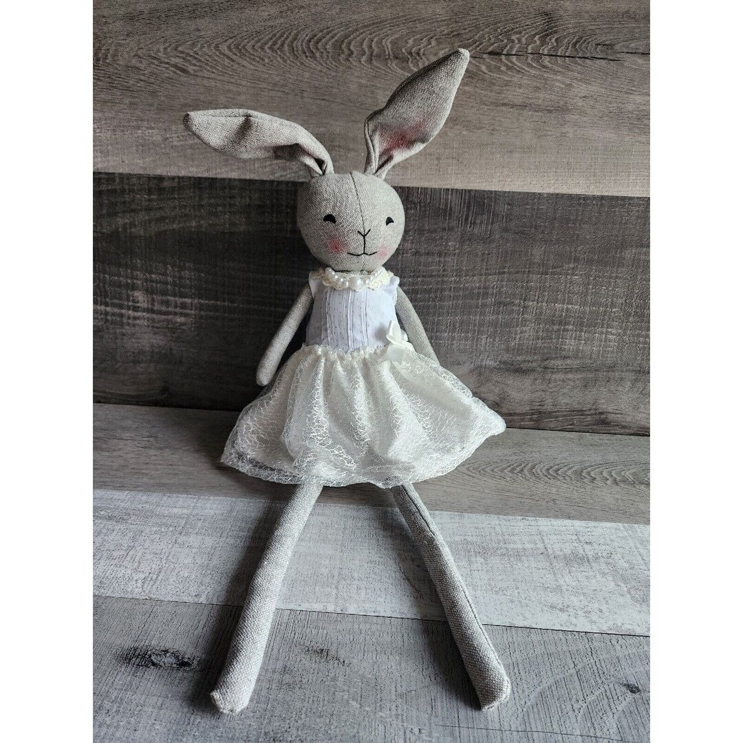 Stuffed Gray Bunny Plush Rabbit in Ivory Dress W Pearls Nursery Decor ...