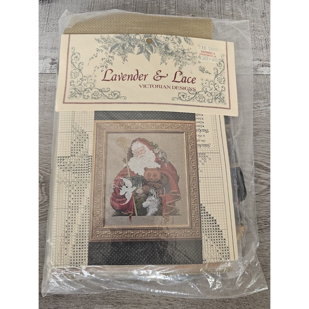 Vtg Lavender & Lace santa of the Forest Cross Stitch Pattern Floss New ...