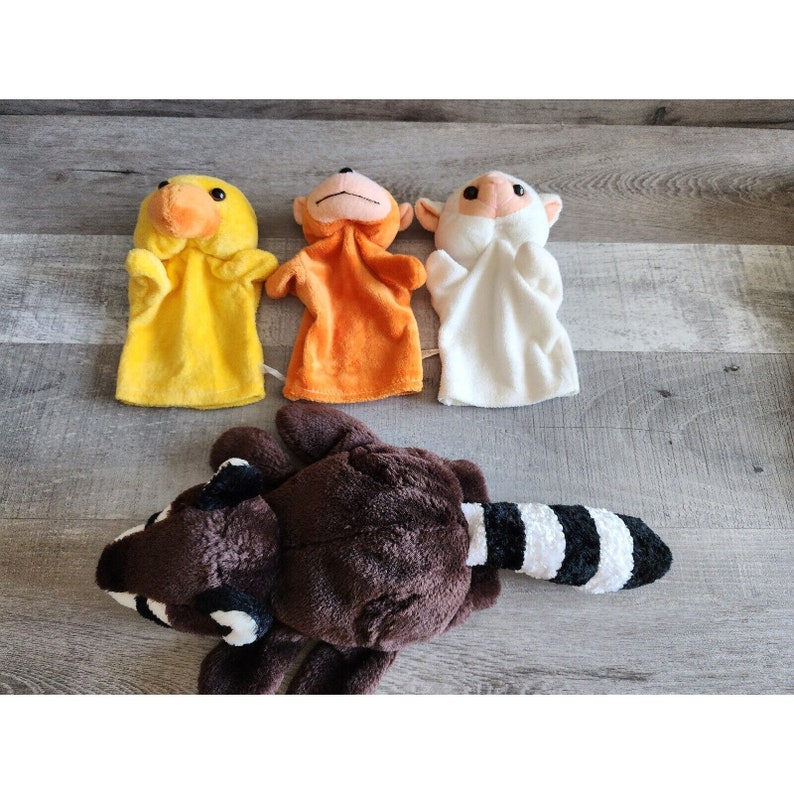 Plush Hand Puppets Racoon Lamb Duck Monkey Animals Mixed Lot Stuffed ...