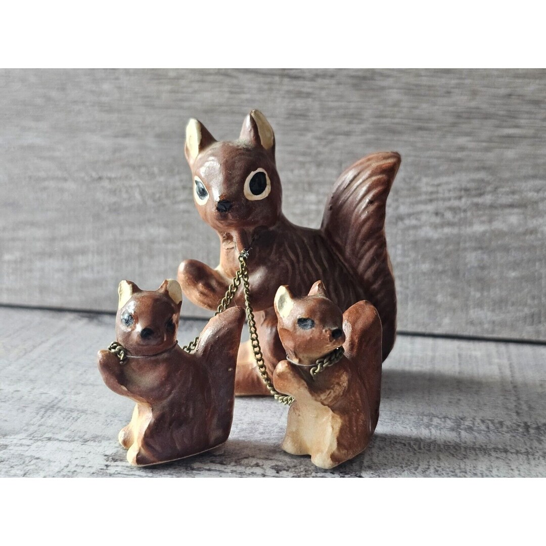 Vintage Mid Century MCM Chained Squirrel Family Ceramic Figurine Japan ...