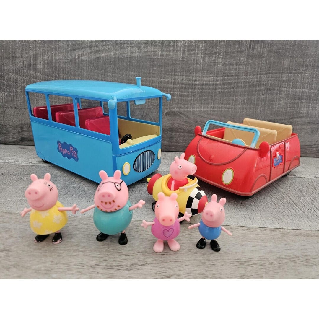 Peppa Pig Yellow Bus Car Trolley 5 Figures Lot Toys Kids Pigs Vehicle ...