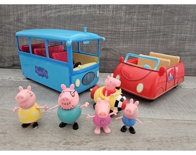 Peppa Pig Yellow Bus Car Trolley 5 Figures Lot Toys Kids Pigs Vehicle ...