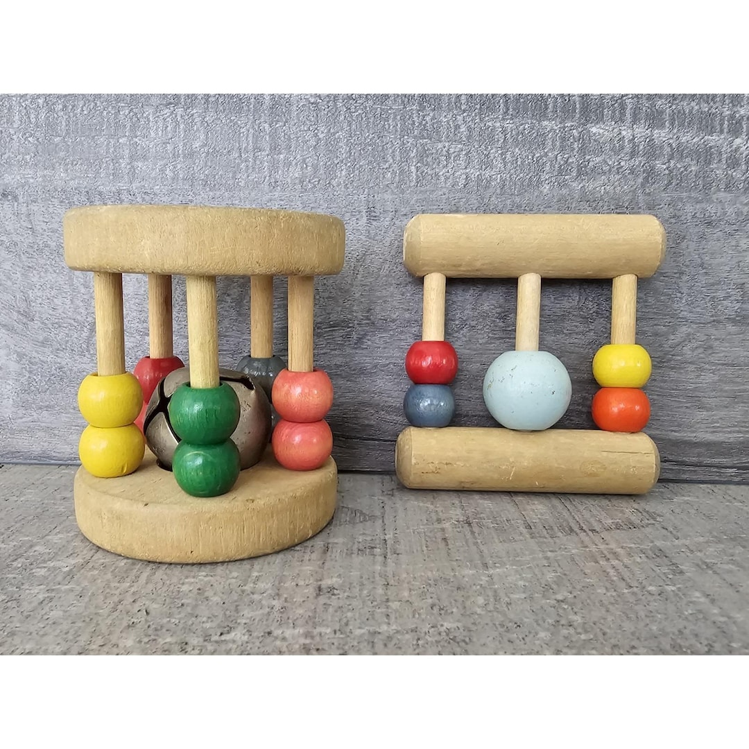 Vtg Wood Rolling Bell Rattle & Abacus Lot Montessori Baby Toddler ...