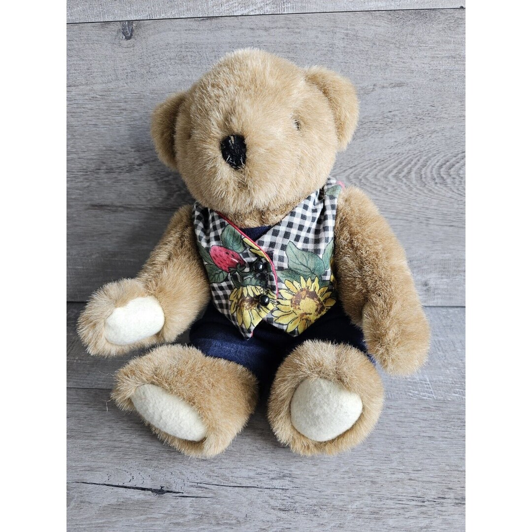 Vtg Jointed Teddy Bear Wearing Sunflower Vest & Jeans Montana 8 ...