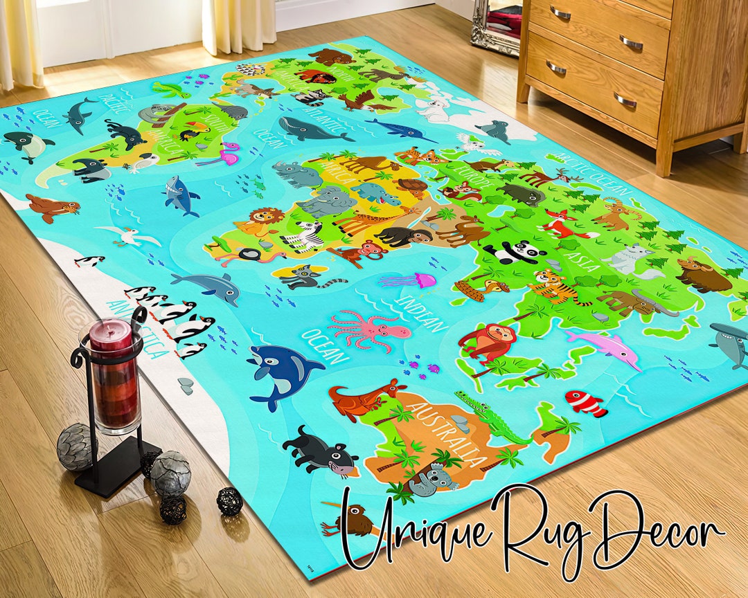 Animal Printed World Map Rug for Children Room, Toddler Play Mat ...