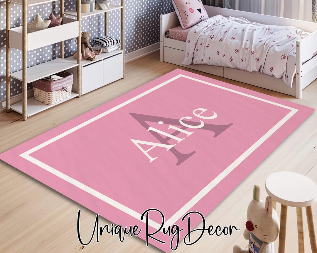 Pink Nursery Rug: Personalized Monogram Initial Plush Carpet - Etsy