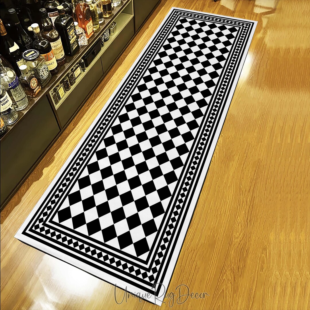 Black and White Checkered Kitchen Runner Rug: Modern Geometric Carpet ...