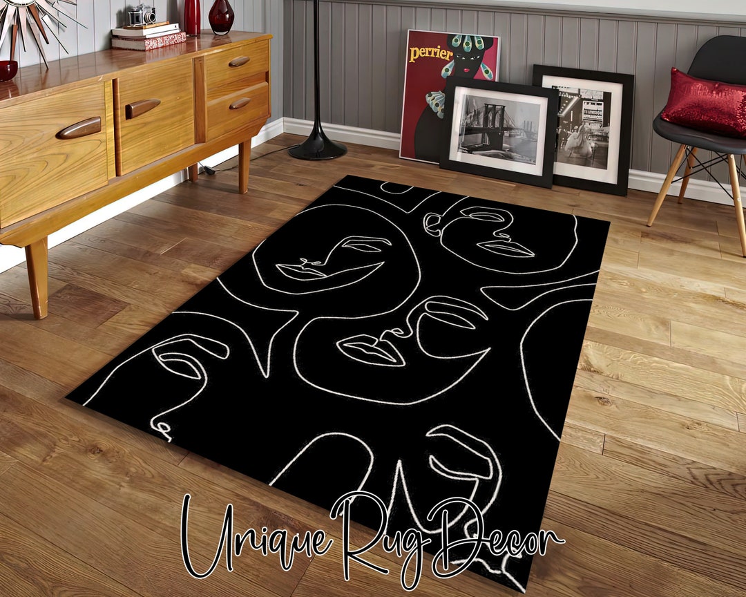 Black and White Face Line Art Themed Contemporary Abstract Rug, Minimal ...