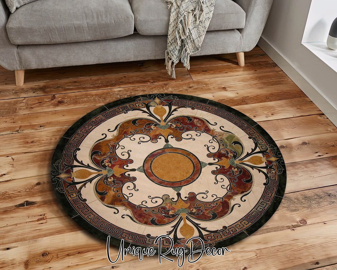 Marble Looking Floral Greek Key Symbol Mosaic Rug, Non-slip Living Room ...