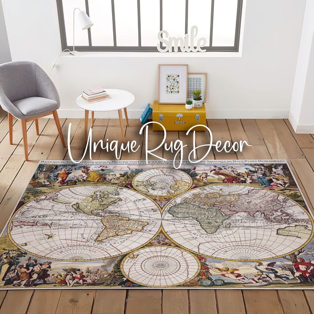 Retro Ancient World Map Rug, Library Carpet, Earth Parchment Mat ...