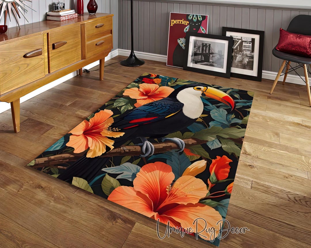 Parrot and Flower Themed Rug, Tropical Carpet, Leaf Decor, Animal Mat ...