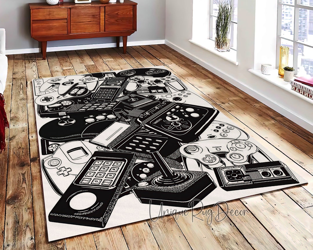 Nostalgic Game Controller Rug, Black and White Gamer Carpet, Game Room ...