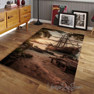 Retro Style Ship Rug, Pirate Ship Themed Carpet, Sea Decor, Summer ...