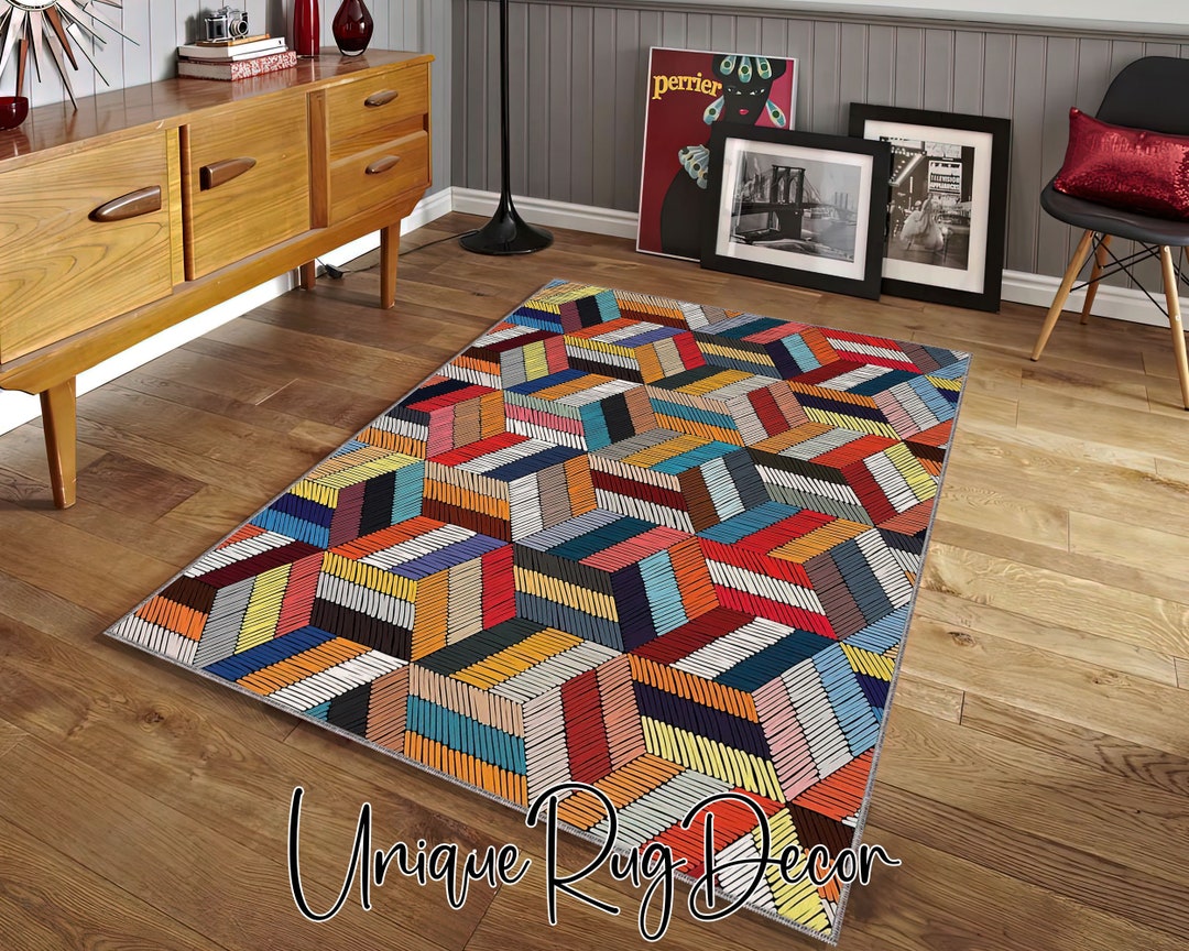 Colorful Geometric Cubes Themed Decorative Mandala Rug for Living Room ...
