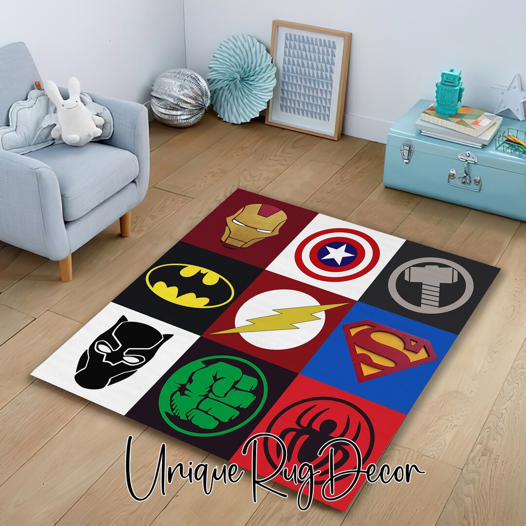 Super Hero Rug, Square Superhero Boys Room Carpet, Nursery Rug, Ironman ...