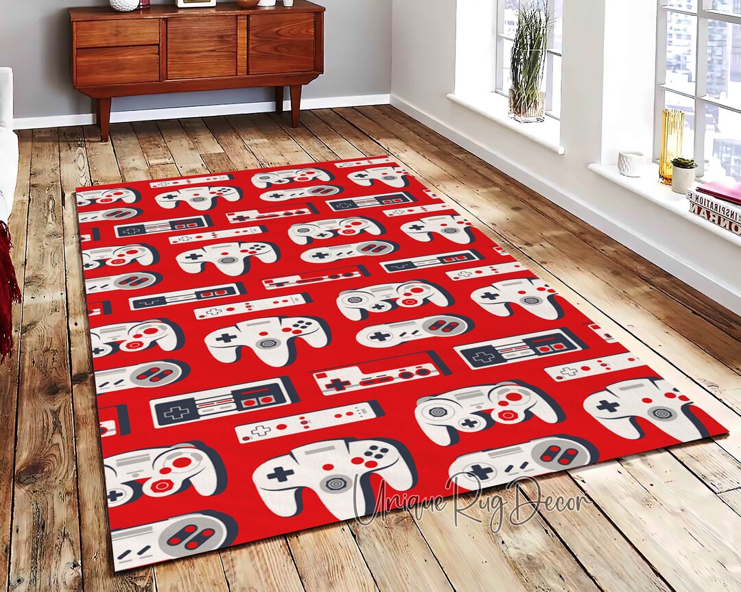 Nostalgic Game Controller Rug, Red Gamer Carpet, Game Room Mat, Gaming ...