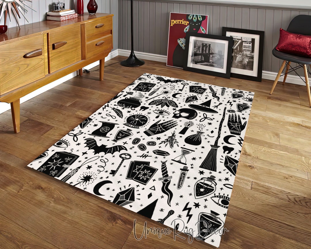 Witch Supplies Rug, Black and White Halloween Carpet, Horror Decor ...