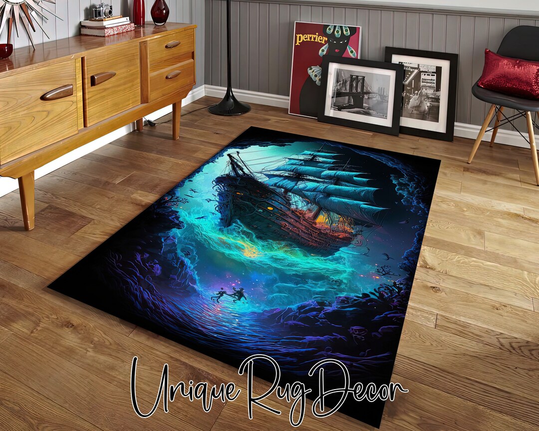 3D Pirate Ship Rug, Blue Color Sailing Themed Carpet, Living Room Decor ...