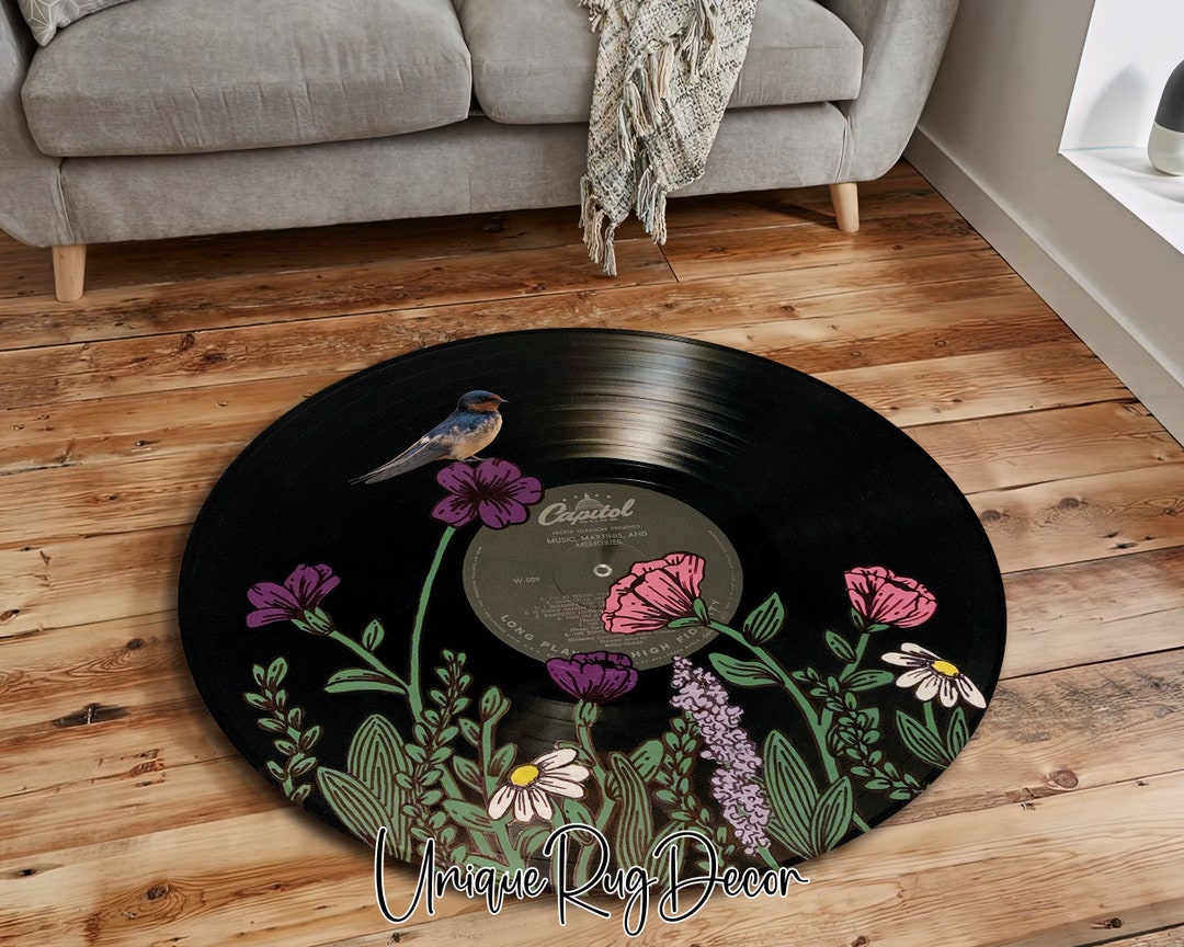 Bird and Flower Themed Gramophone Record Printed Non-slip Round Music ...