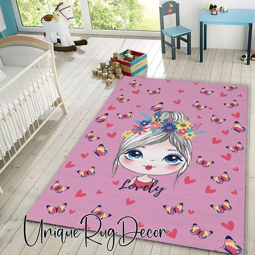 Pink Color Girl Room Rug, Blonde Cartoon Girl Themed Cute Children Room ...
