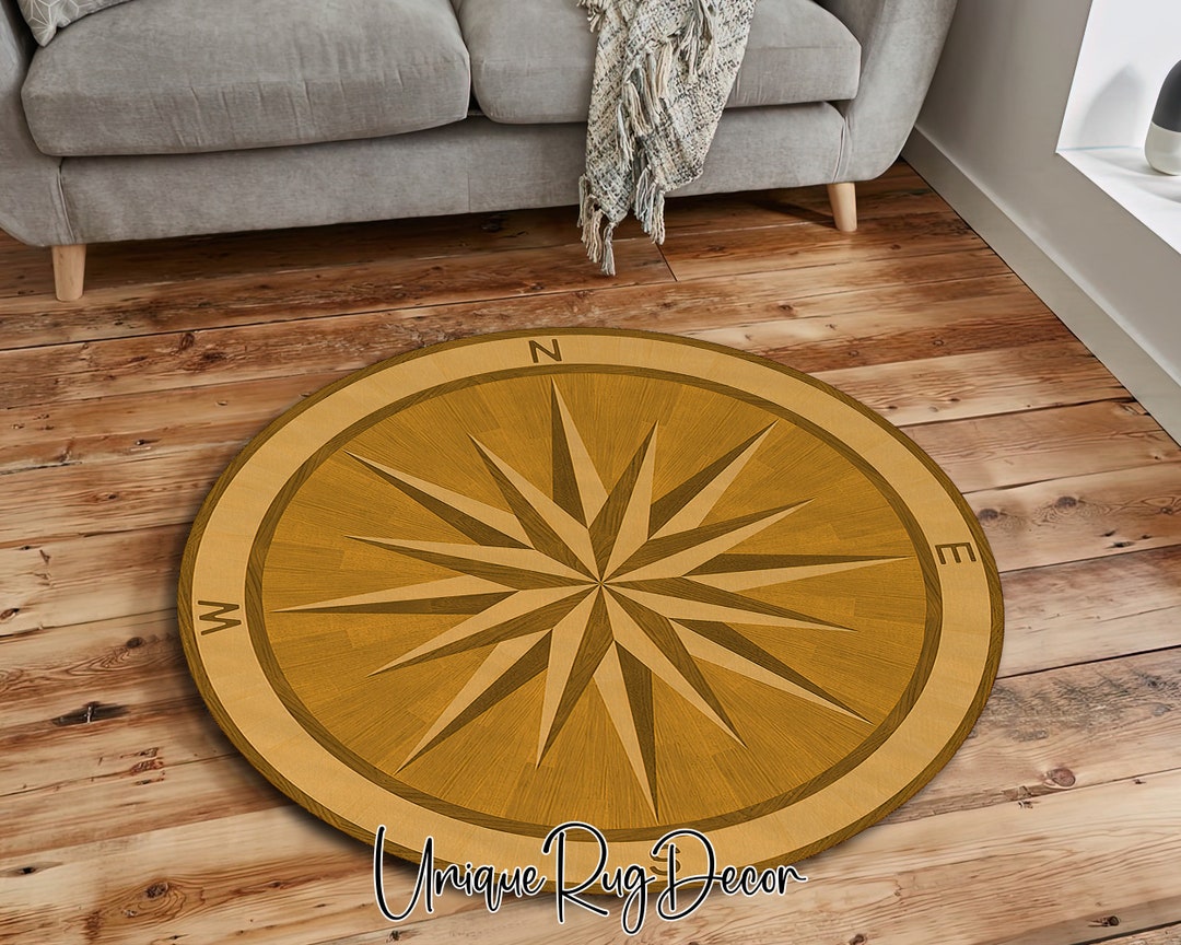Wooden Looking Compass Rose Rug, Cool Yacht Mat, Summer House Carpet ...