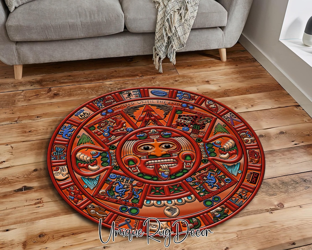 Colorful Tribal Mayan Calendar Retro Round Rug, Mayan Compass Medallion ...