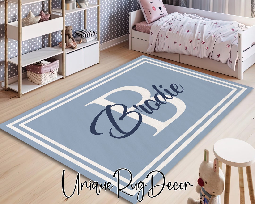 Custom Monogram Nursery Blue Rug, Personalized Baby Boy Room Carpet ...
