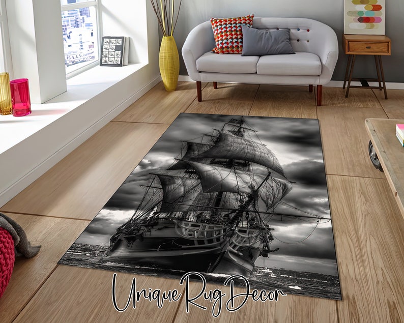 Pirate Ship Rug Black and White Ocean Rug Tropical Hawaiian - Etsy