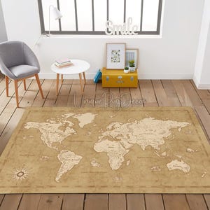 World Map Rug, Brown Beige and Cream Color Carpet, Office Mat ...