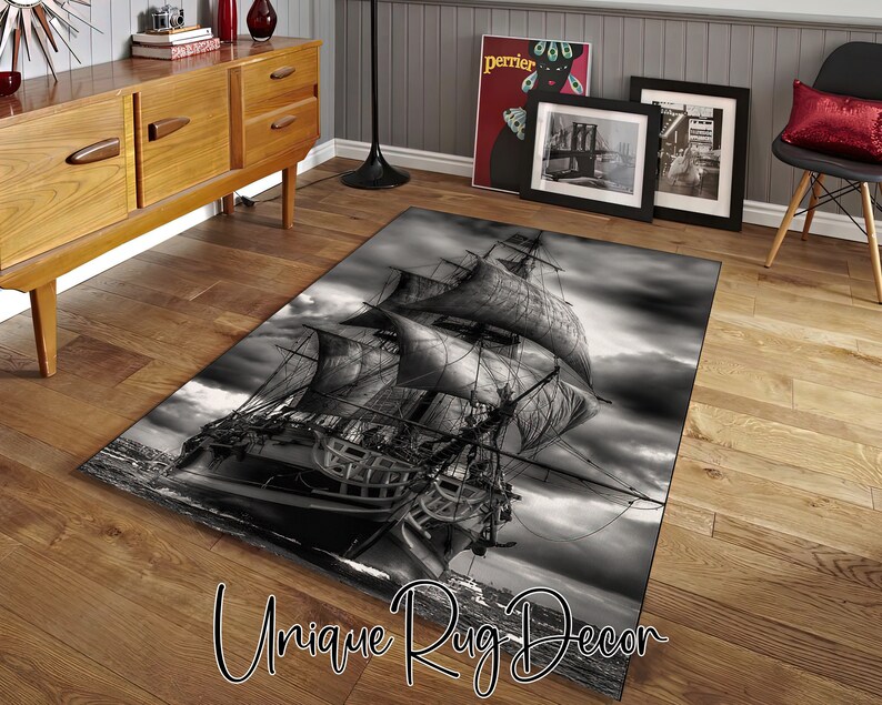 Pirate Ship Rug Black and White Ocean Rug Tropical Hawaiian - Etsy