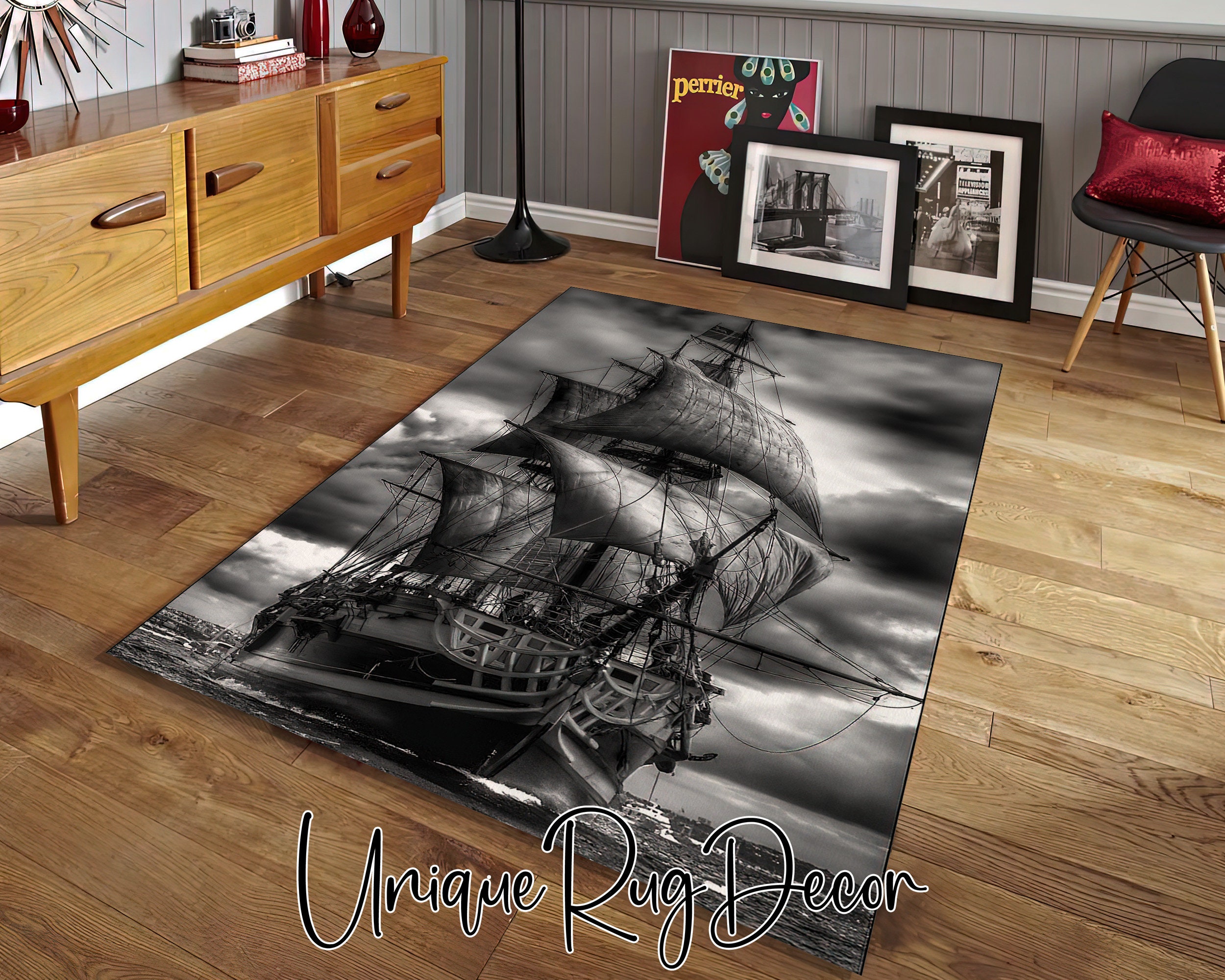 Pirate Ship Rug Black and White Ocean Rug Tropical Hawaiian - Etsy