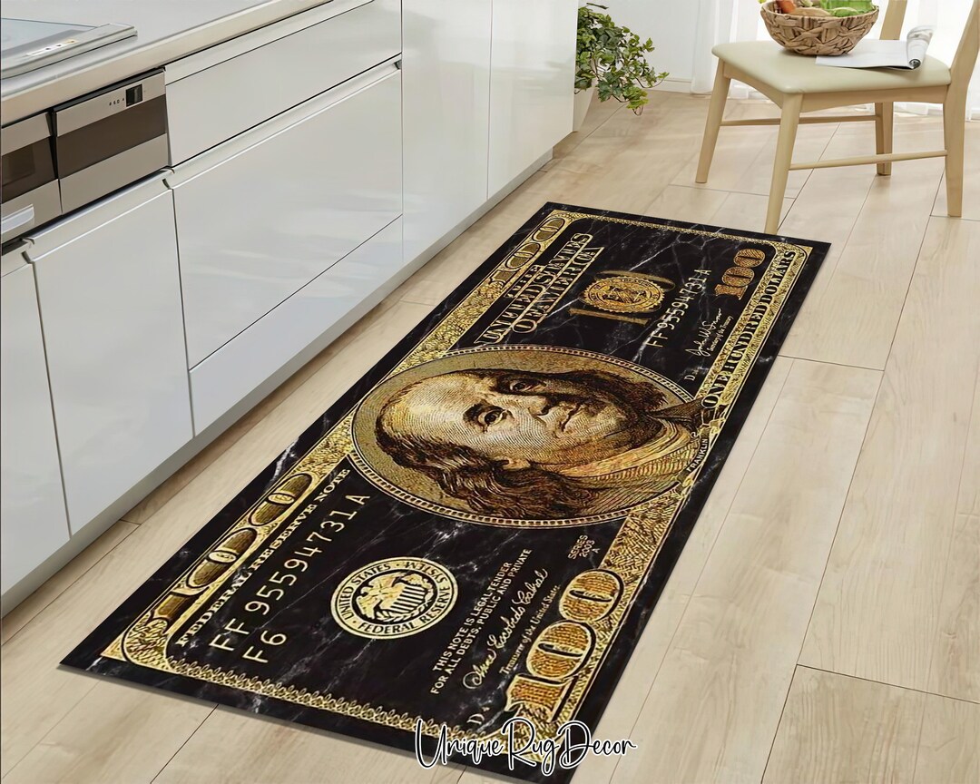 100 Dollar Bill Runner Rug, Black and Gold Benjamin Franklin Mat, Retro ...