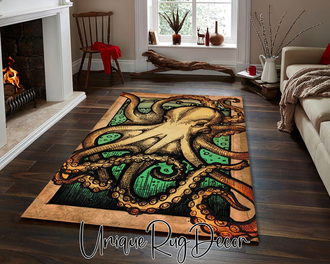 Octopus Themed Beach House Rug, Coastal Ocean Decor, Sea Marine Rug ...