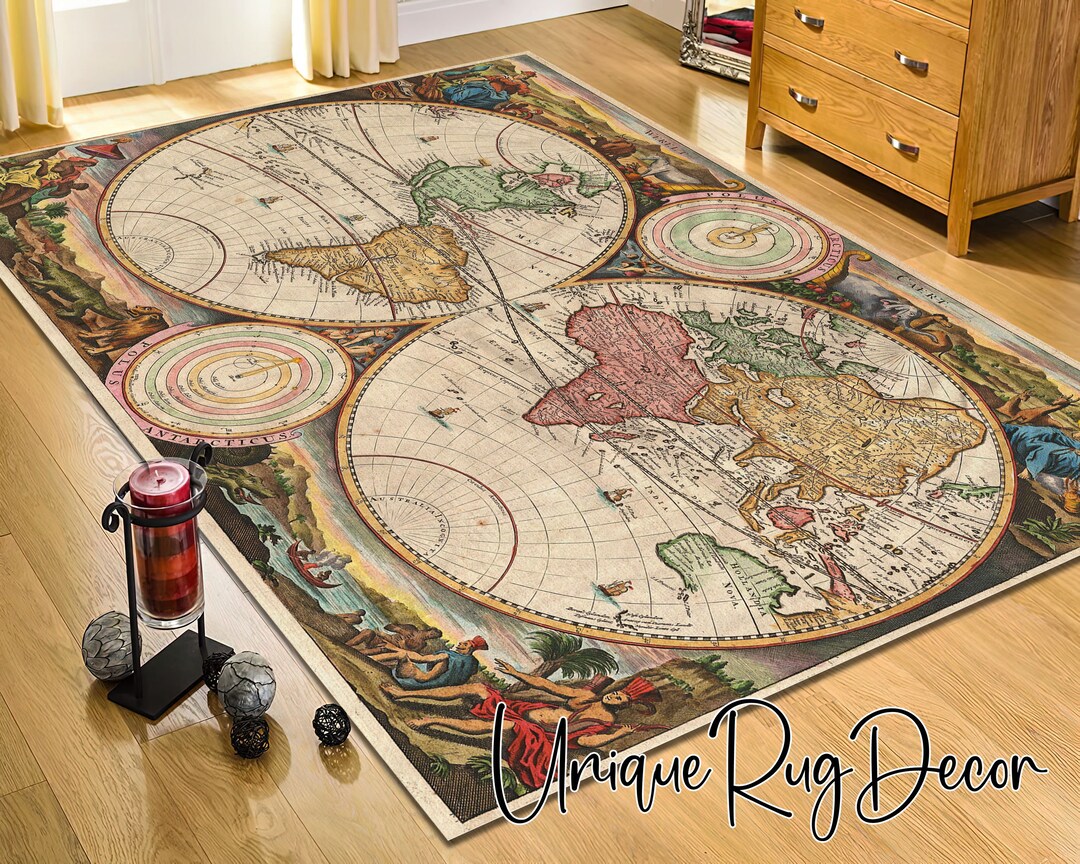 Ancient World Map Themed Decorative Office Rug, Retro Library Decor ...