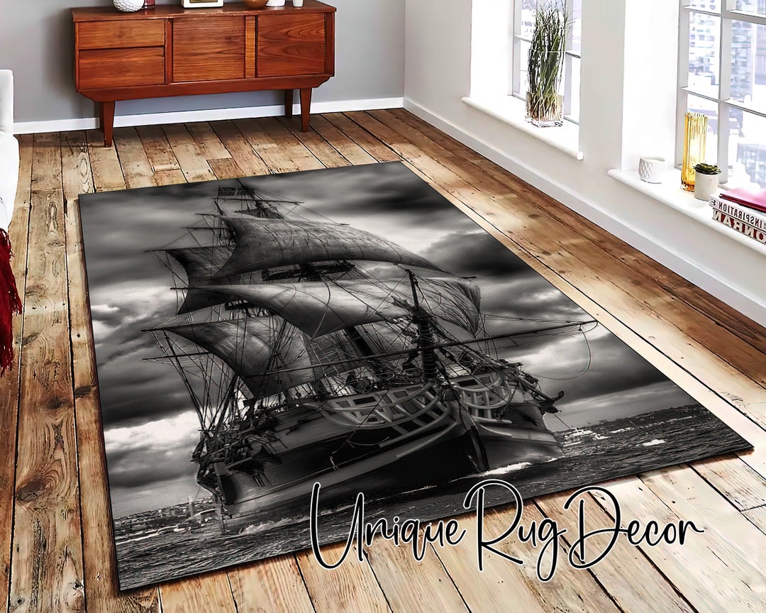 Pirate Ship Rug, Black and White Ocean Rug, Tropical Hawaiian Decor ...